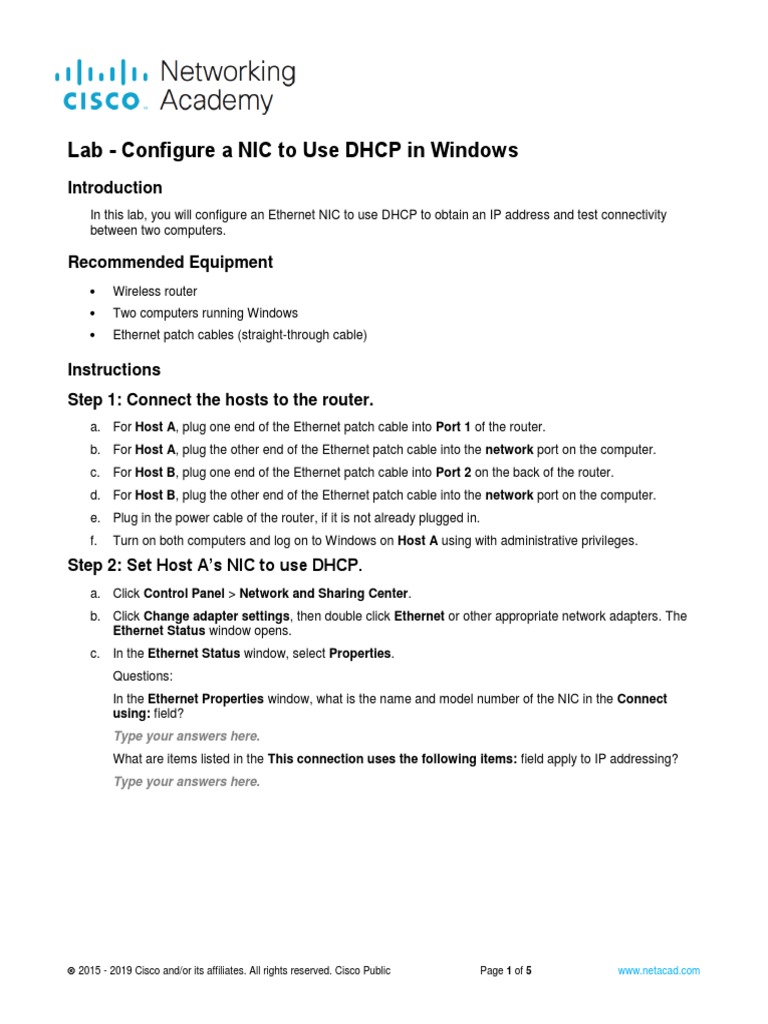 6.1.2.7 Lab - Configure A NIC To Use DHCP in Windows PDF | PDF | Ip Address | Domain Name System