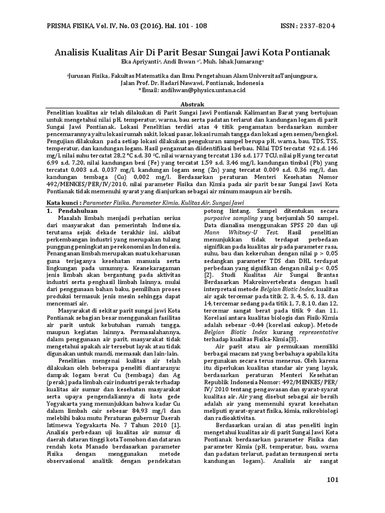 Analisis Kualitas Air Di Parit Besar Sungai Jawi Kota Pontianak | PDF