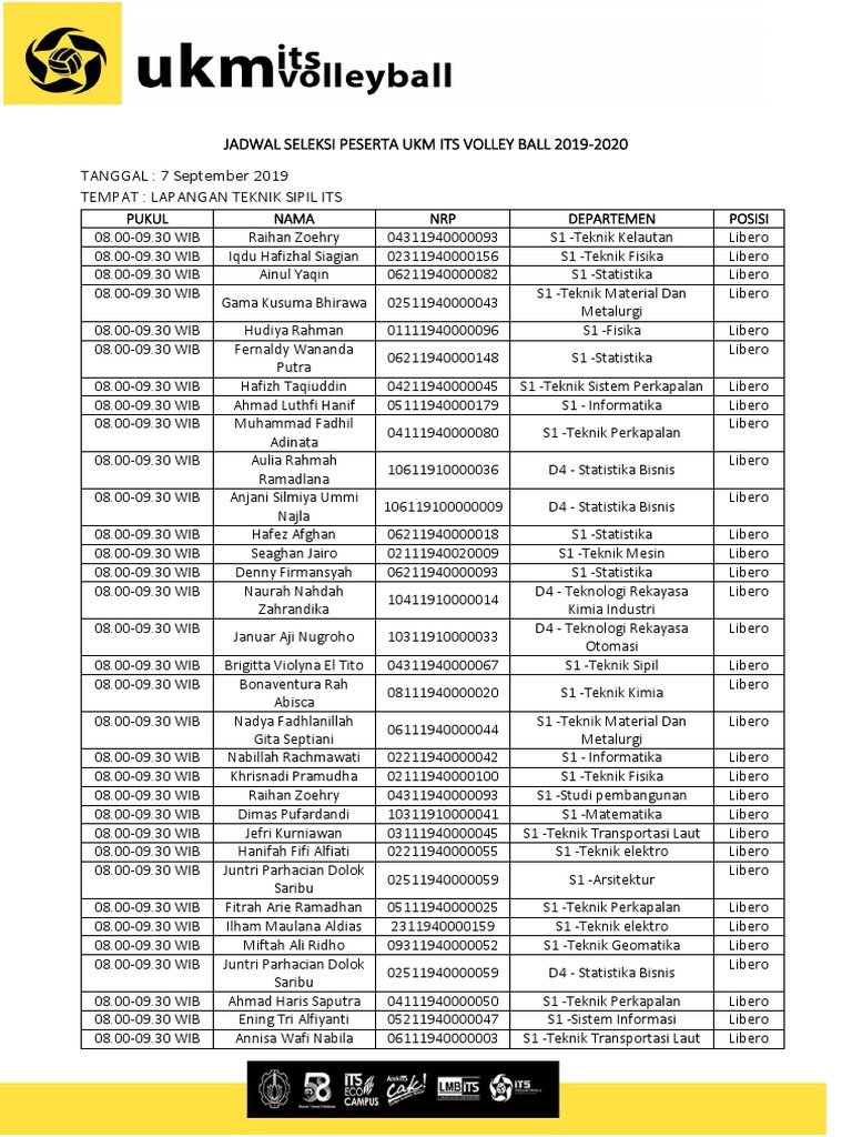 Jadwal Seleksi Peserta Ukm Its Volley Ball 2019 | PDF