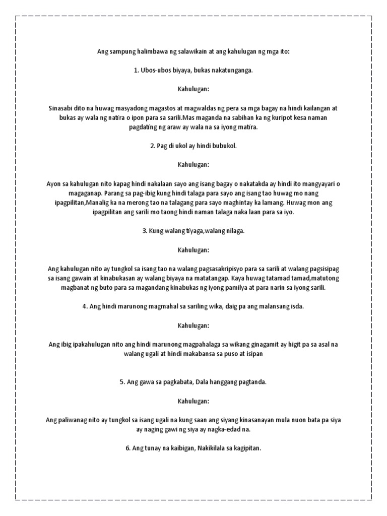 Ang sampung halimbawa ng salawikain at ang kahulugan ng mga ito.docx