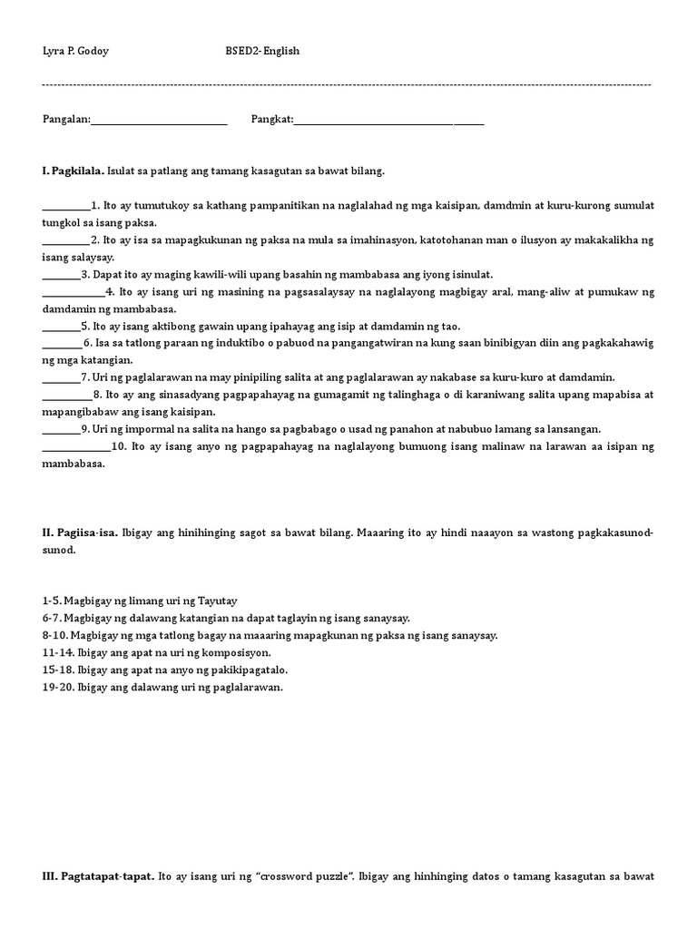 Filipino Test Questions