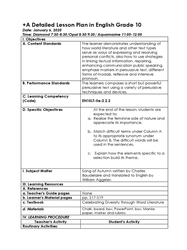 Detailed Lesson Plan | PDF | Lesson Plan | Behavior Modification