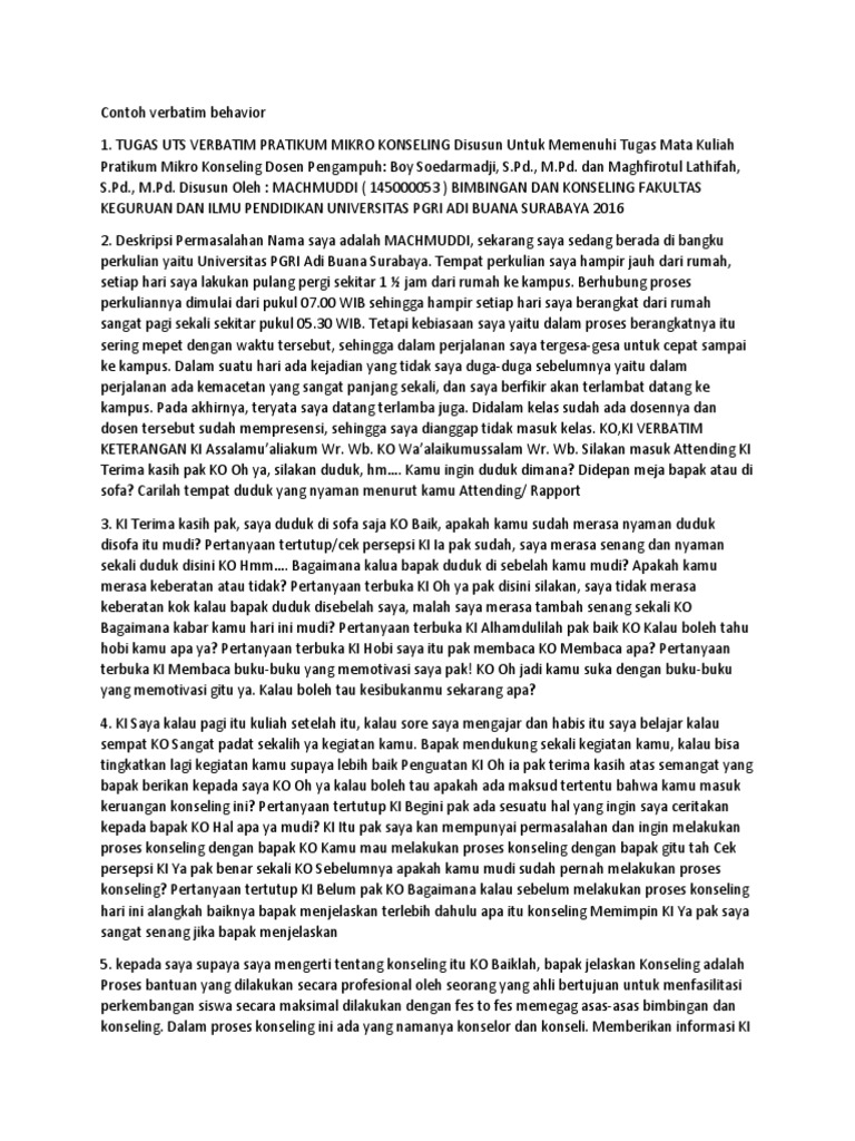Contoh Verbatim Behavior Terlambat Masuk Sekolah | PDF