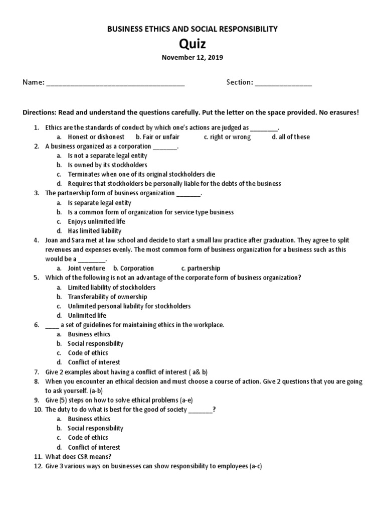 Business Ethics Quiz and Concepts | PDF | Business Ethics | Corporations