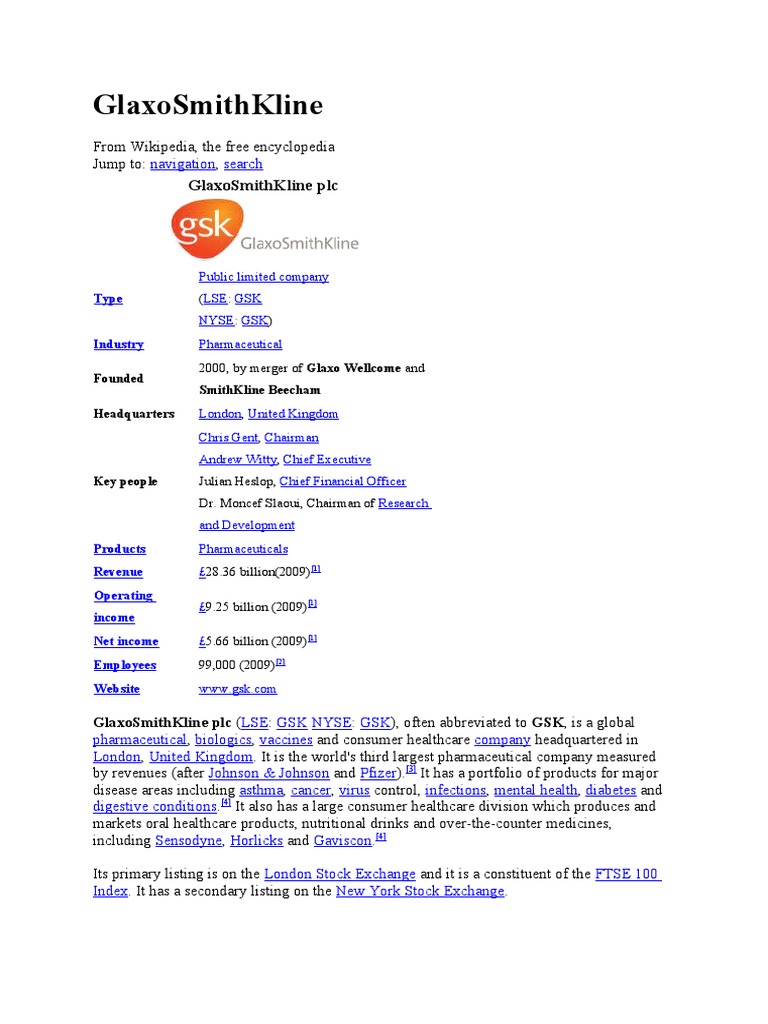 GlaxoSmithKline: A Global Pharmaceutical, Biologics, Vaccines and ...