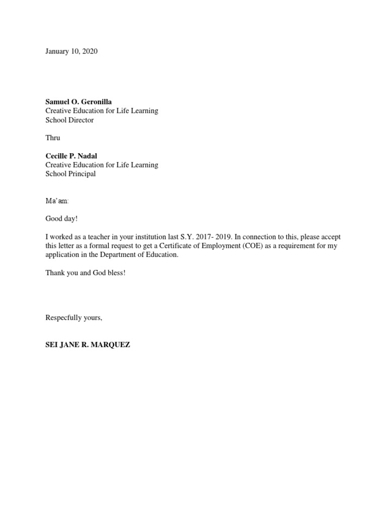 COE Request Letter from Former Teacher | PDF