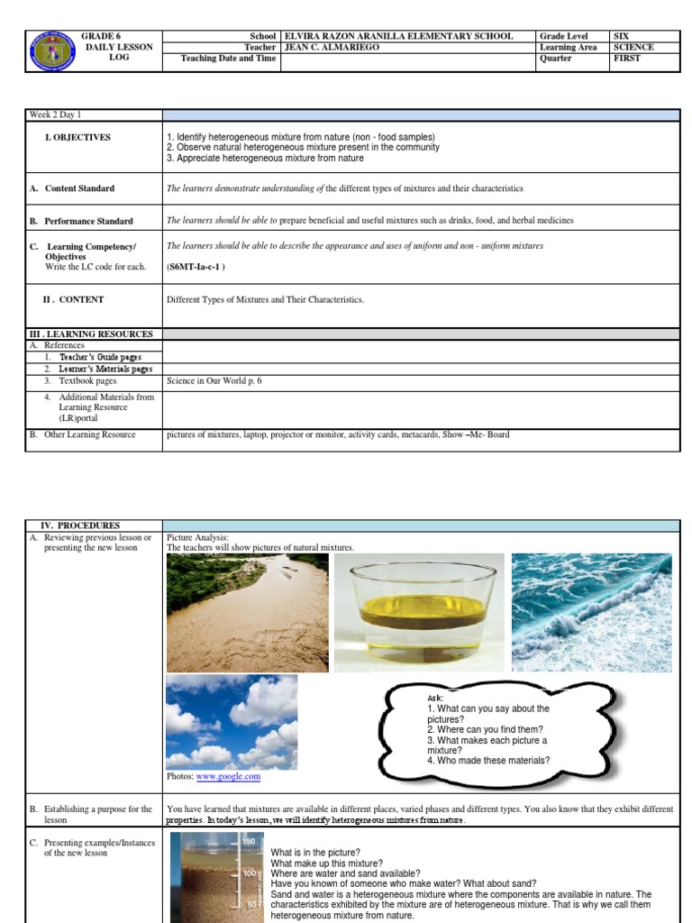DLP Science 6 WK2D1 | PDF | Mixture | Teachers