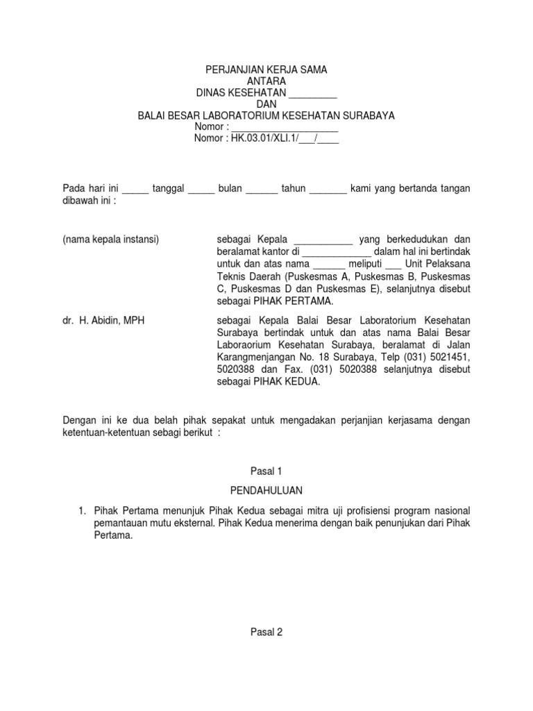 Contoh PERJANJIAN KERJA SAMA (MOU) BBLK PME | PDF