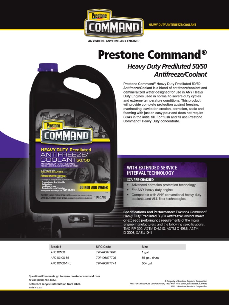 Prestone Command AFC Extended Serv 50 50 Data Sheet | PDF | Chemical ...