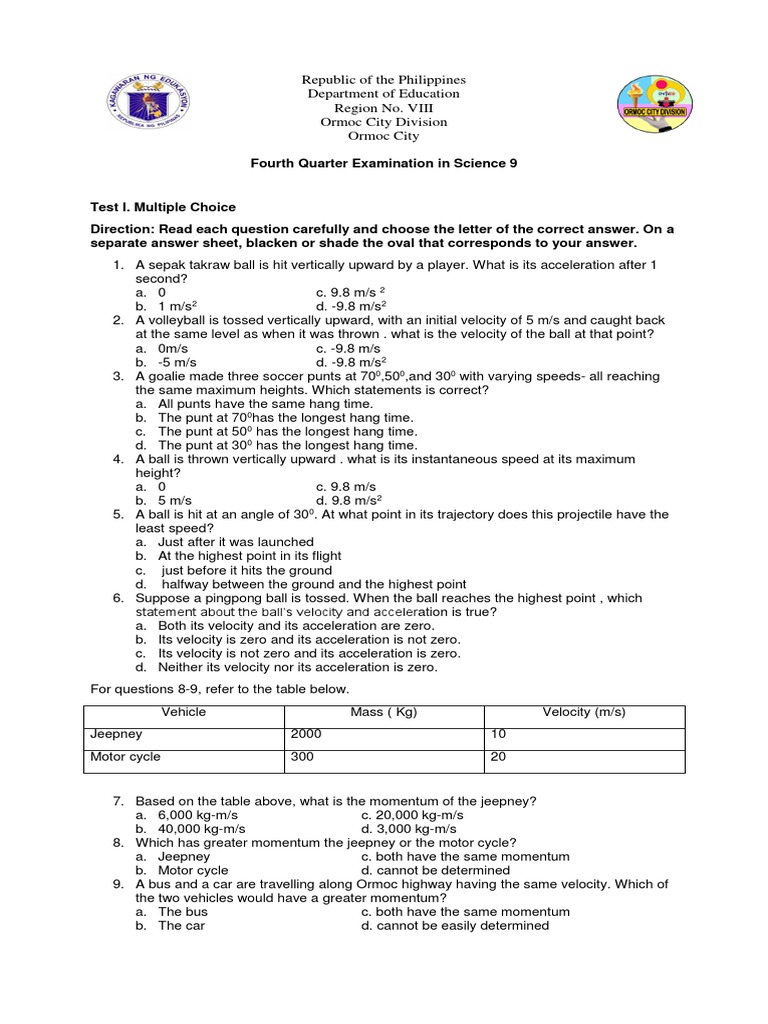 Unified 4th Quarter Exam SCIENCE 9 | PDF | Collision | Momentum
