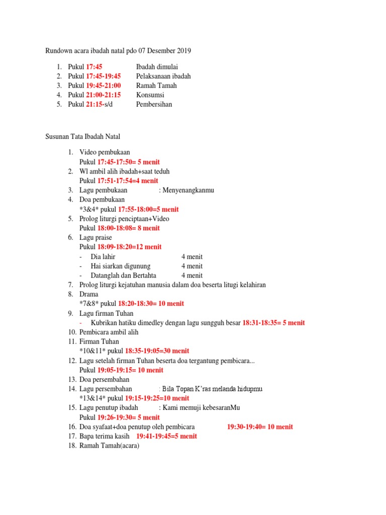 Rundown Acara Ibadah Natal Pdo 07 Desember 2019 | PDF