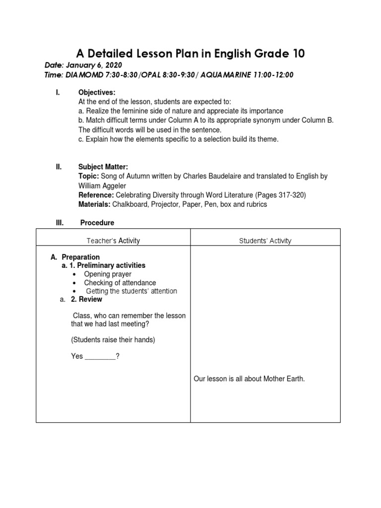 Detailed Lesson Plan in Teaching English Grade 10 | PDF | Lesson Plan