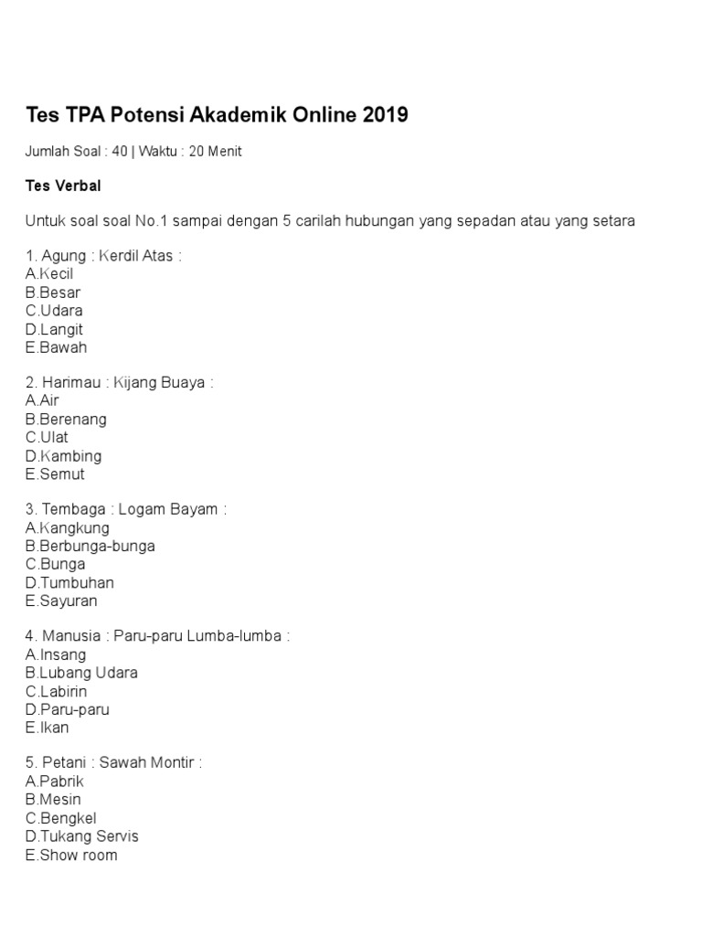Tes TPA Potensi Akademik Online 2019 | PDF