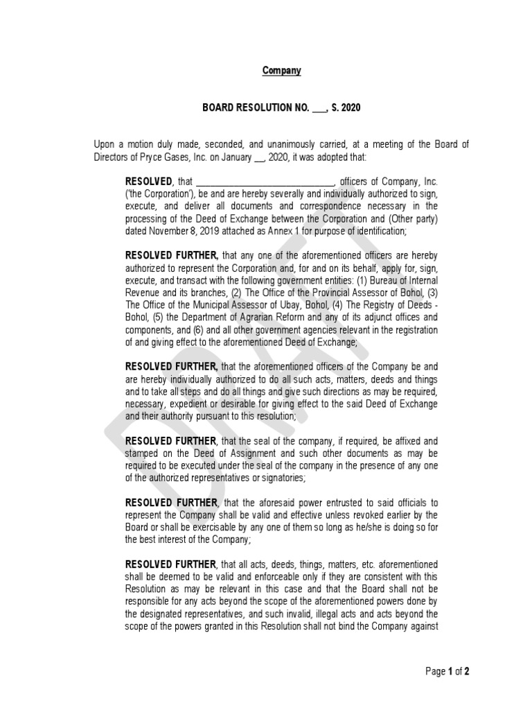 Sample Board Resolution (Registration of Deed of Exchange) | PDF ...