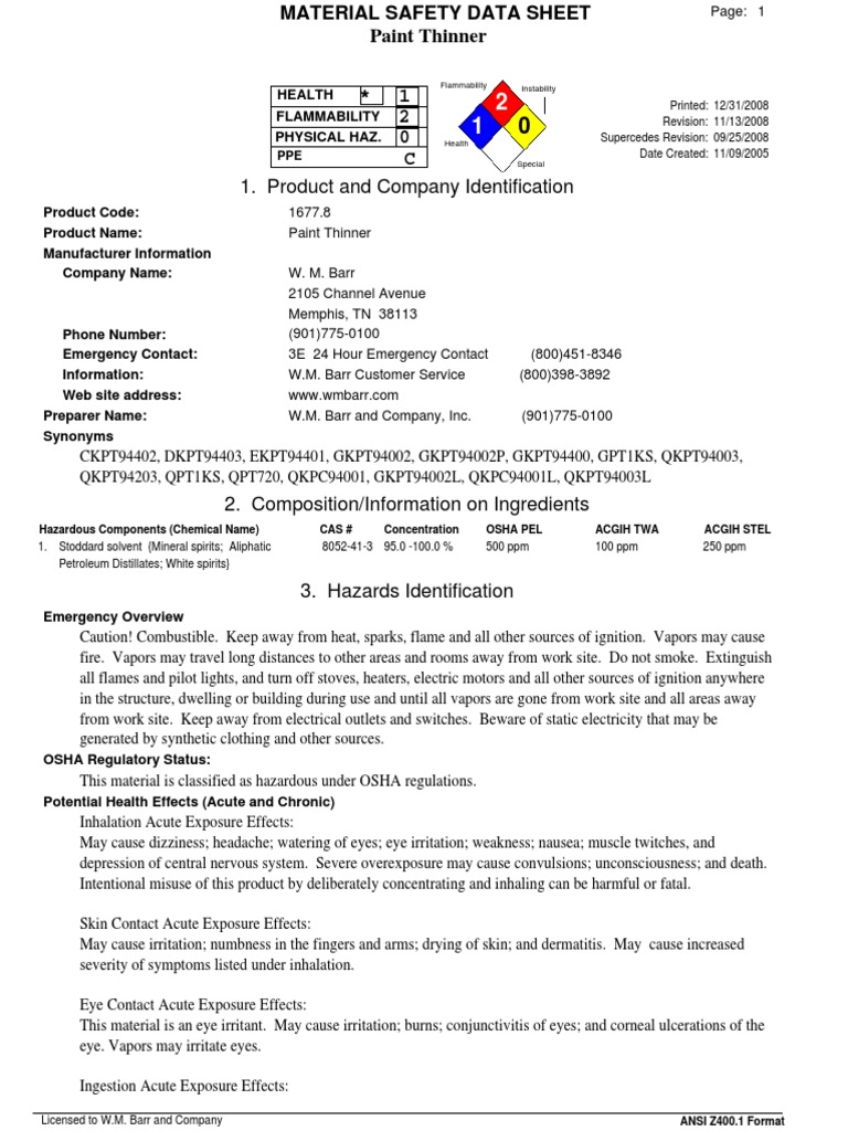 MSDS Paint Thinner PDF | PDF | Personal Protective Equipment | Superfund