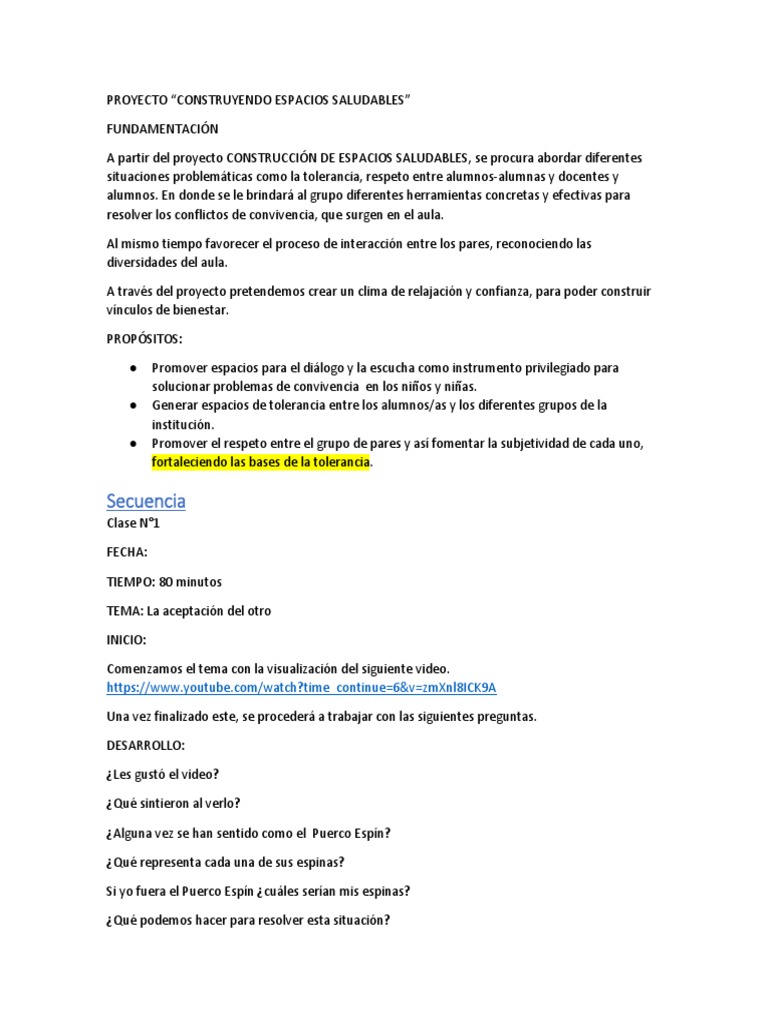 Proyecto Construimos Vínculos Saludables | PDF | Tolerancia | Salón de clases