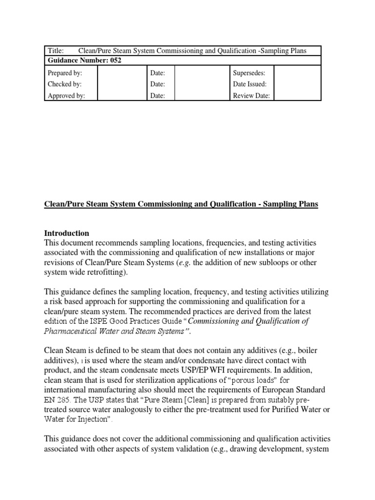 G 52 Pure Steam System Commissioning and Qualification - Sampling Plans ...