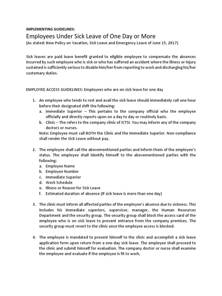 Guidelines for Employees on Sick Leave of One Day or More | PDF | Sick ...