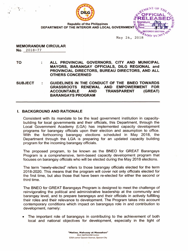 DILG MC 2018-77 BNEO Guidelines 05-24-2018 PDF | PDF