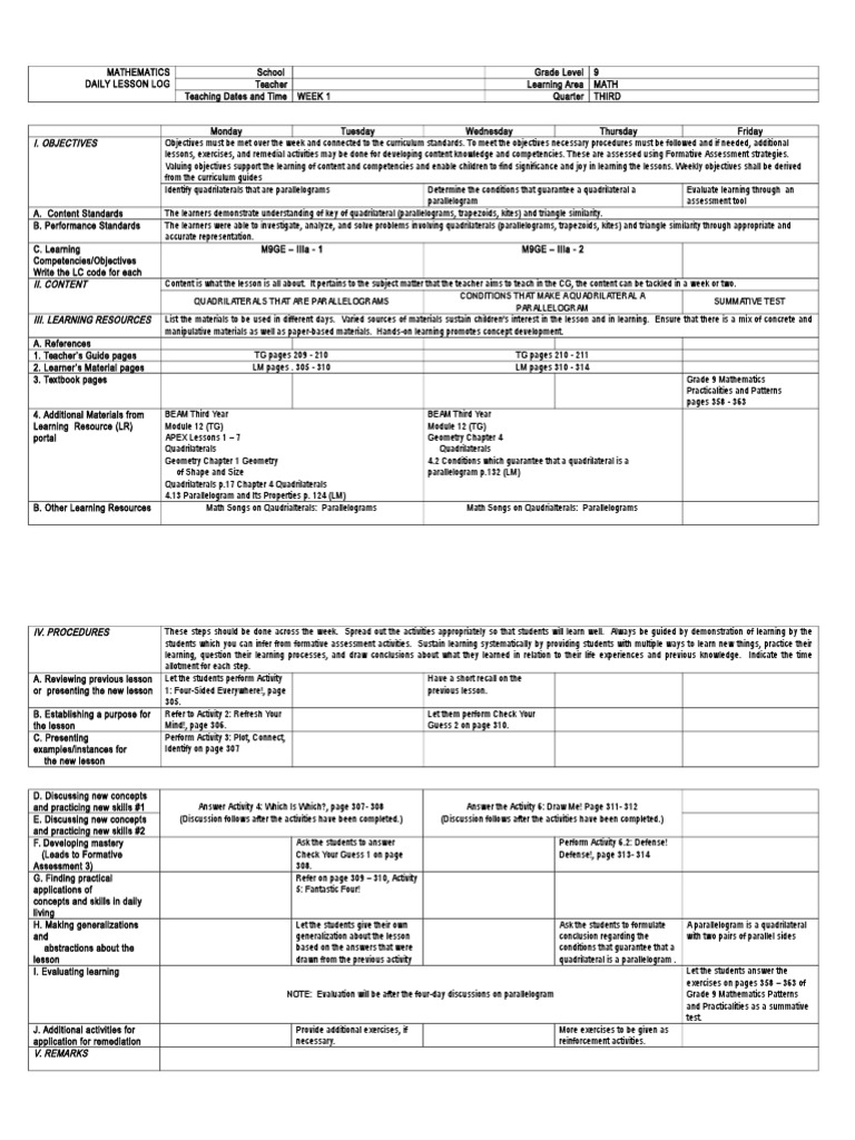 DLL Math 9 Week 1 Q. 3 | PDF | Education Theory | Learning