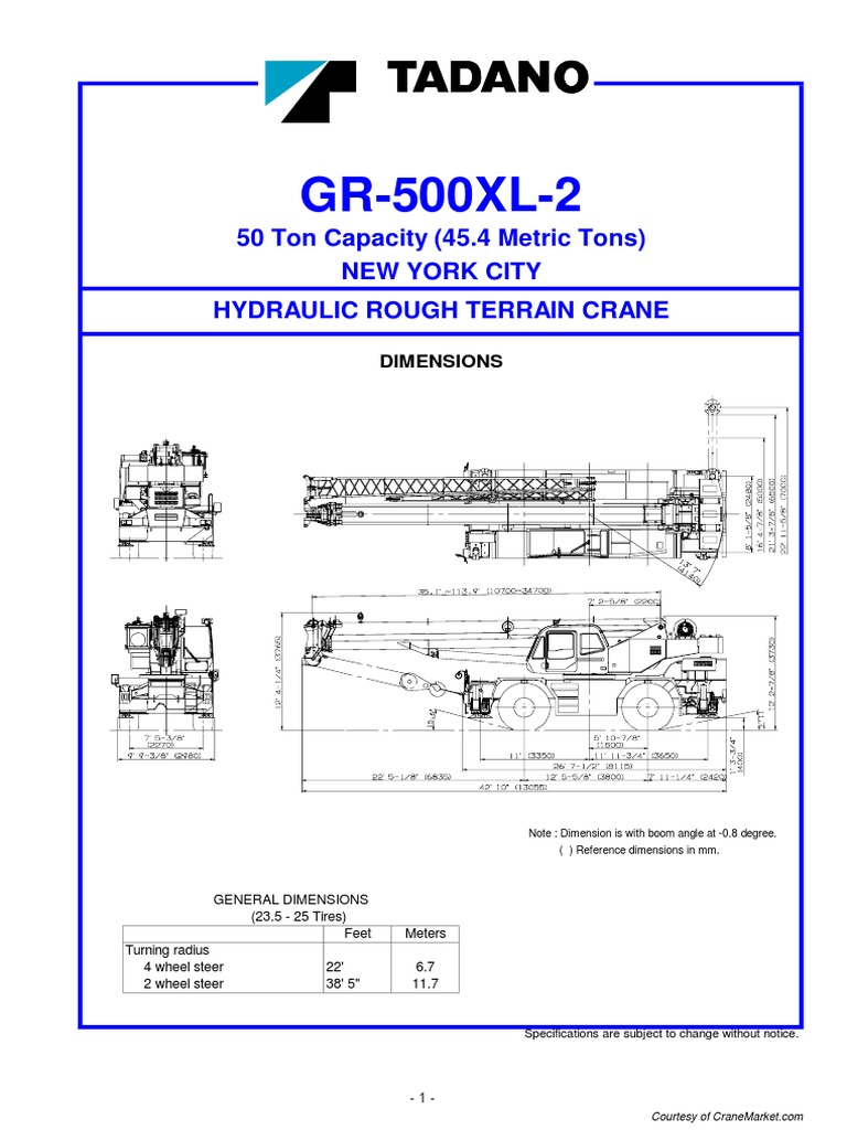 GR-500XL-2 50 Ton Capacity (45.4 Metric Tons) Rough Terrain Crane ...