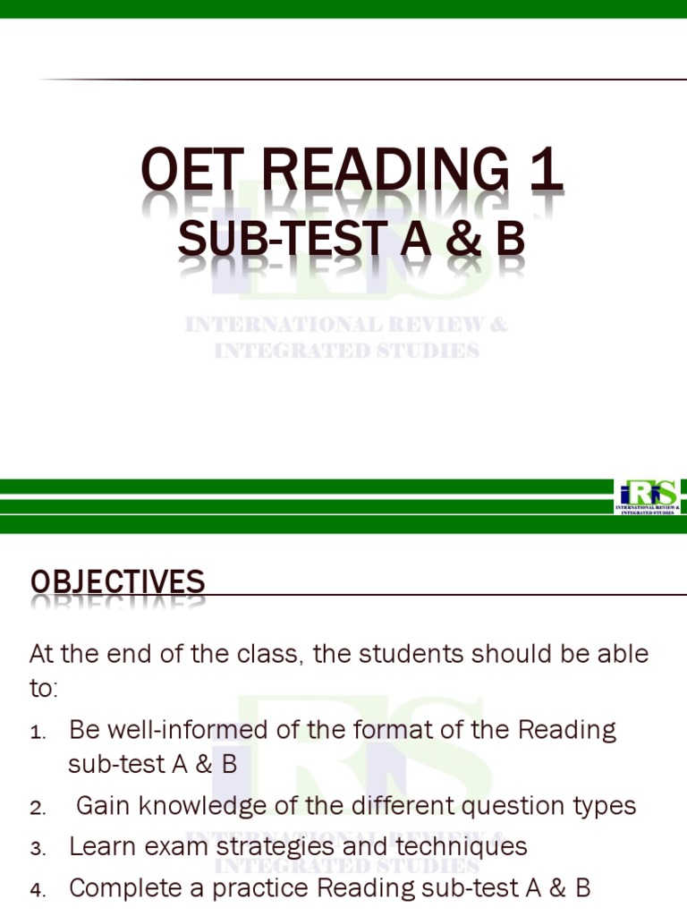 OET READING 1 (A&B) | Question | Multiple Choice