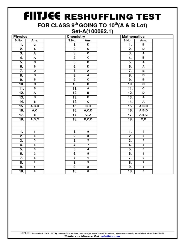 Reshuffling Test For Class 9th Set A Answer Key | PDF