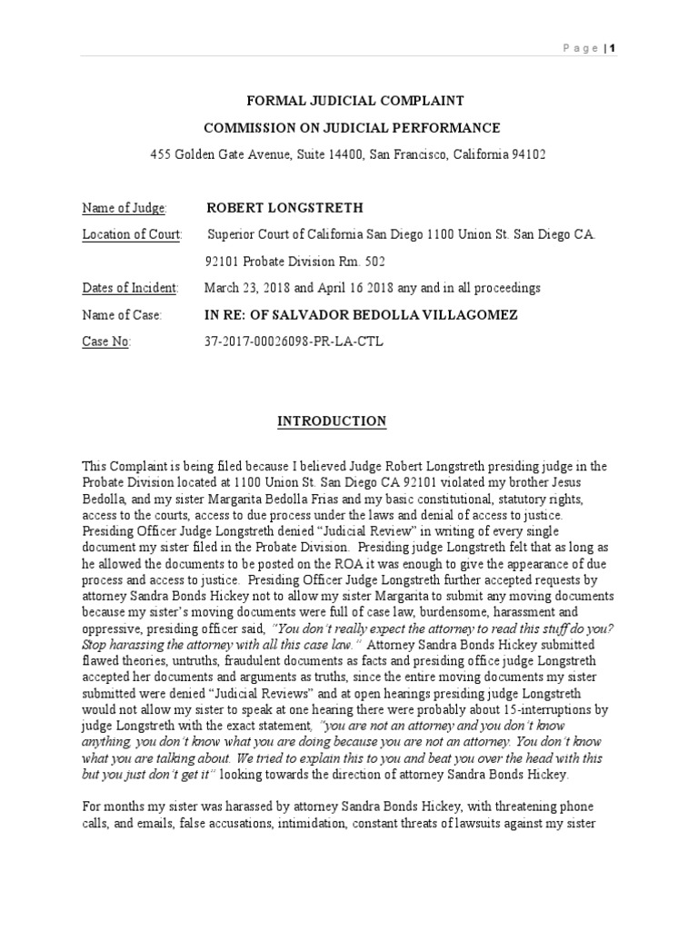 Formal Judicial Complaint Against Judge Robert Longstreth | PDF ...
