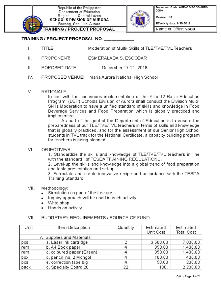 TLE/TVL Teacher Skills Moderation Proposal | PDF | Business