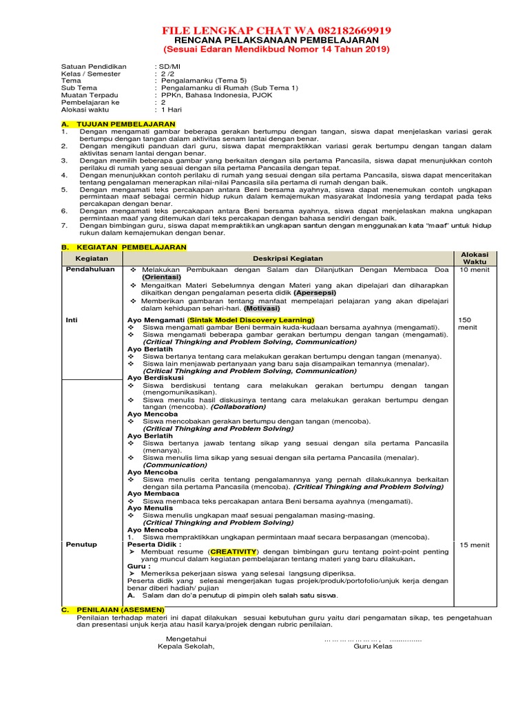 Contoh RPP Kelas 2 Tema 5 | PDF