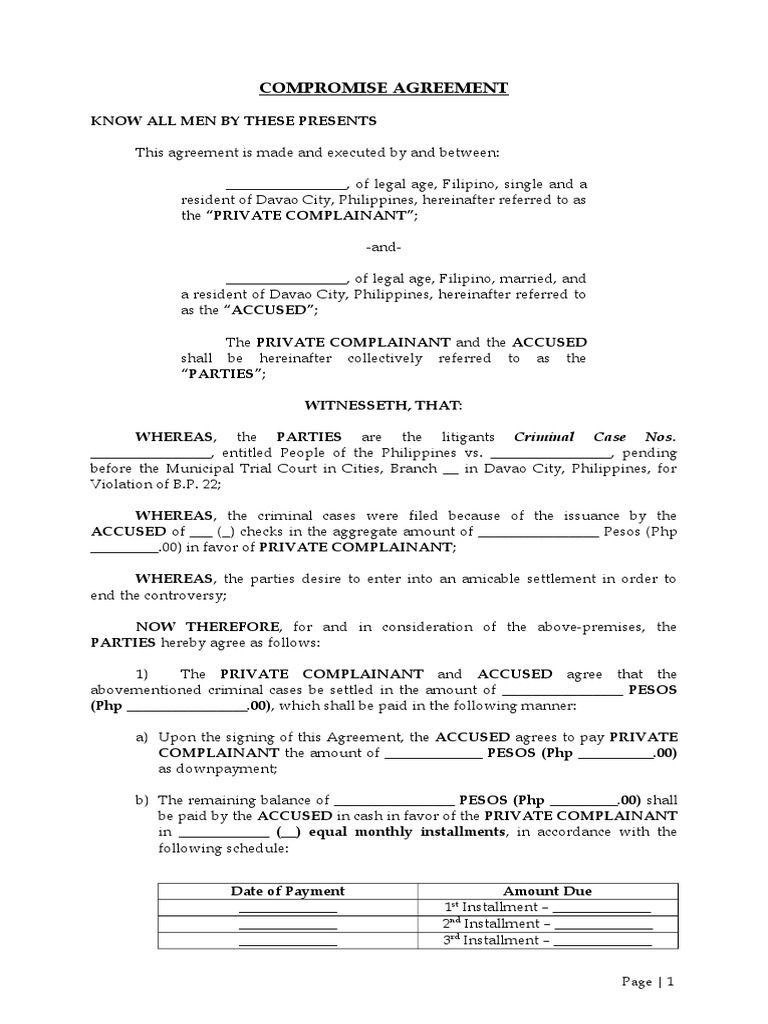 SAMPLE COMPROMISE AGREEMENT (Provisional Dismissal - BP 22) | PDF ...