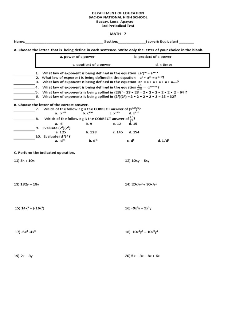Math 7 2ND Quarter Exam | PDF | Mathematical Objects | Mathematical ...