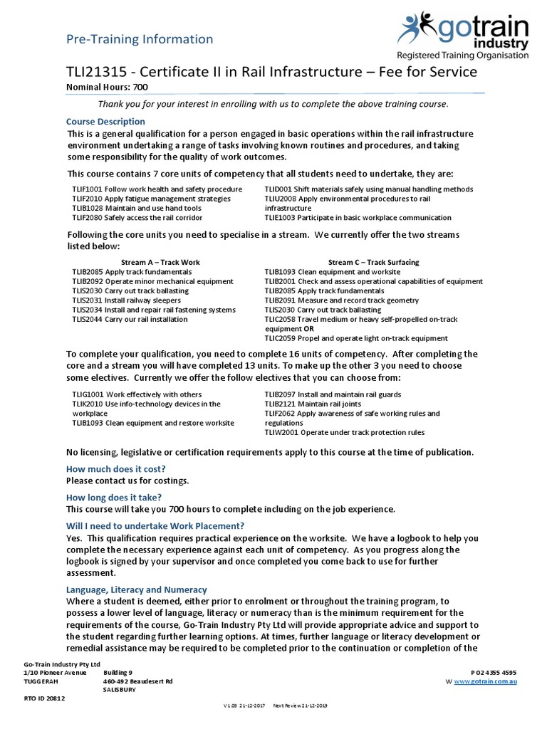 TLI21315 Certificate II in Rail Infrastructure Pre Training Information ...