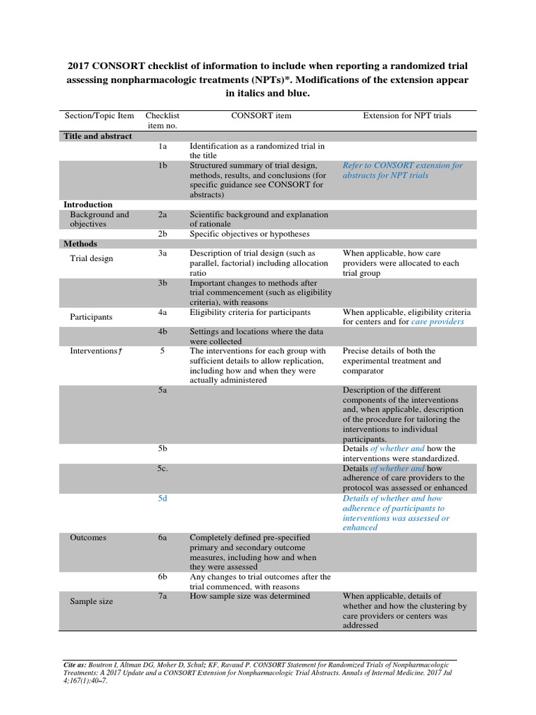 CONSORT Extension NPT 2017 Checklist | PDF | Randomized Controlled ...