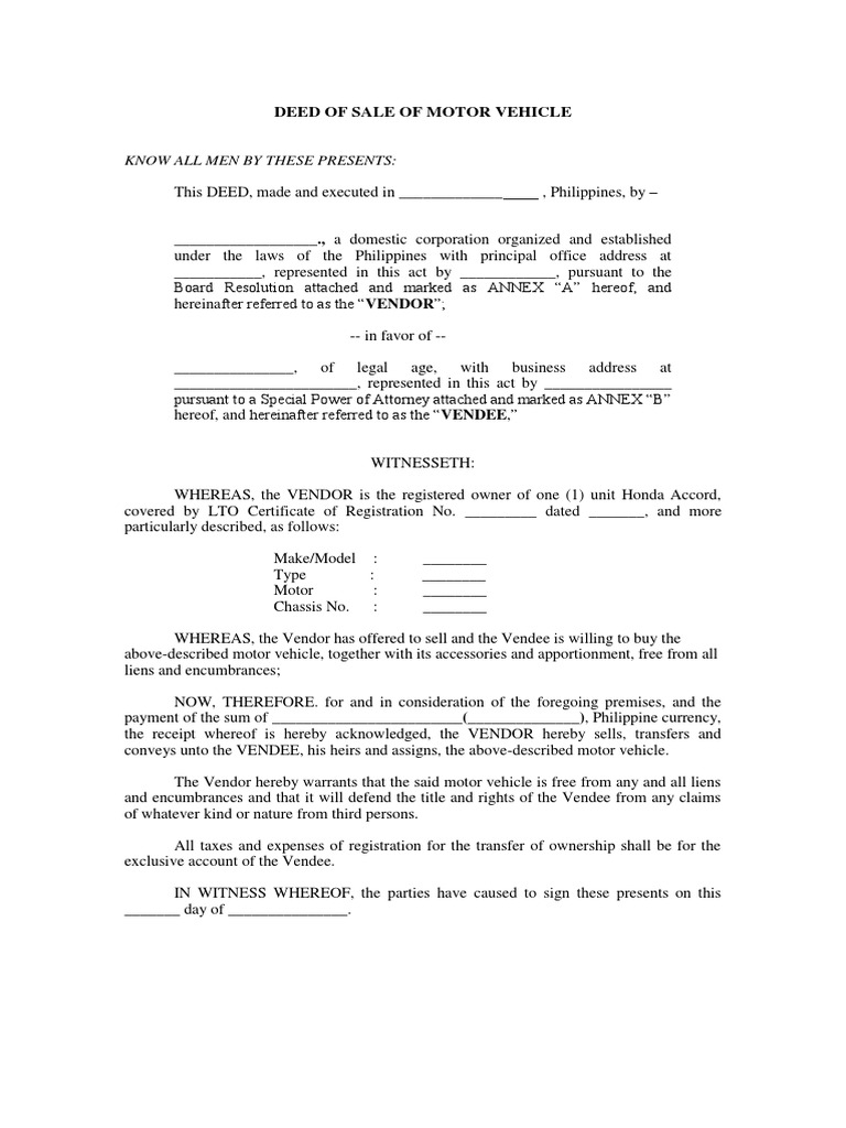 Deed of Sale_Motor Vehicle | Deed | Justice