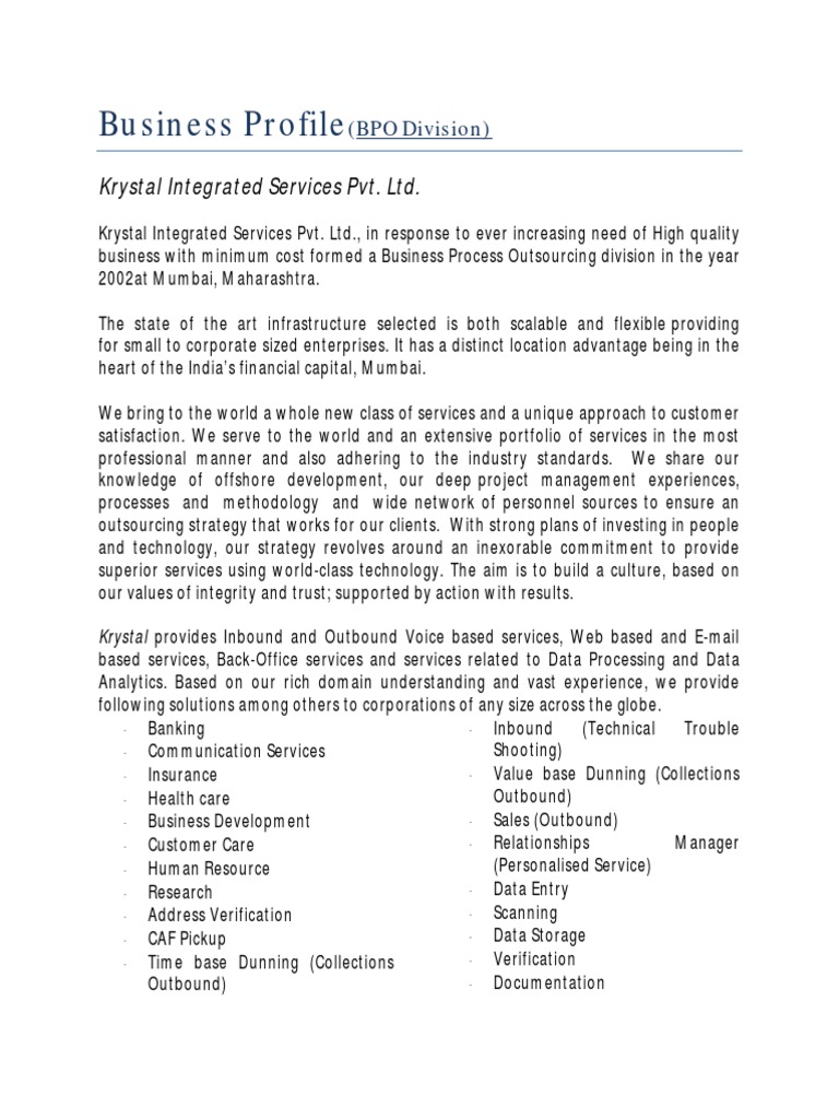 BPO Profile Krystal 1 | PDF | Call Centre | Outsourcing