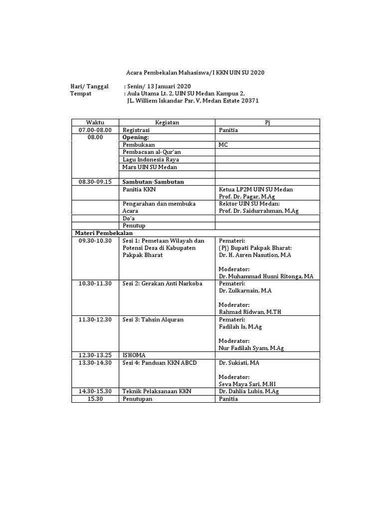 Rundown Kegiatan Pembekalan KKN UIN SU 2020 | PDF