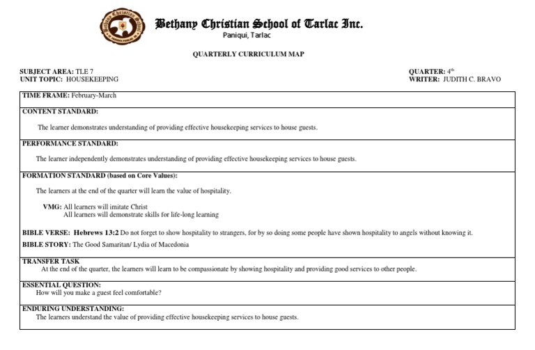 Curriculum Map Housekeeping | PDF
