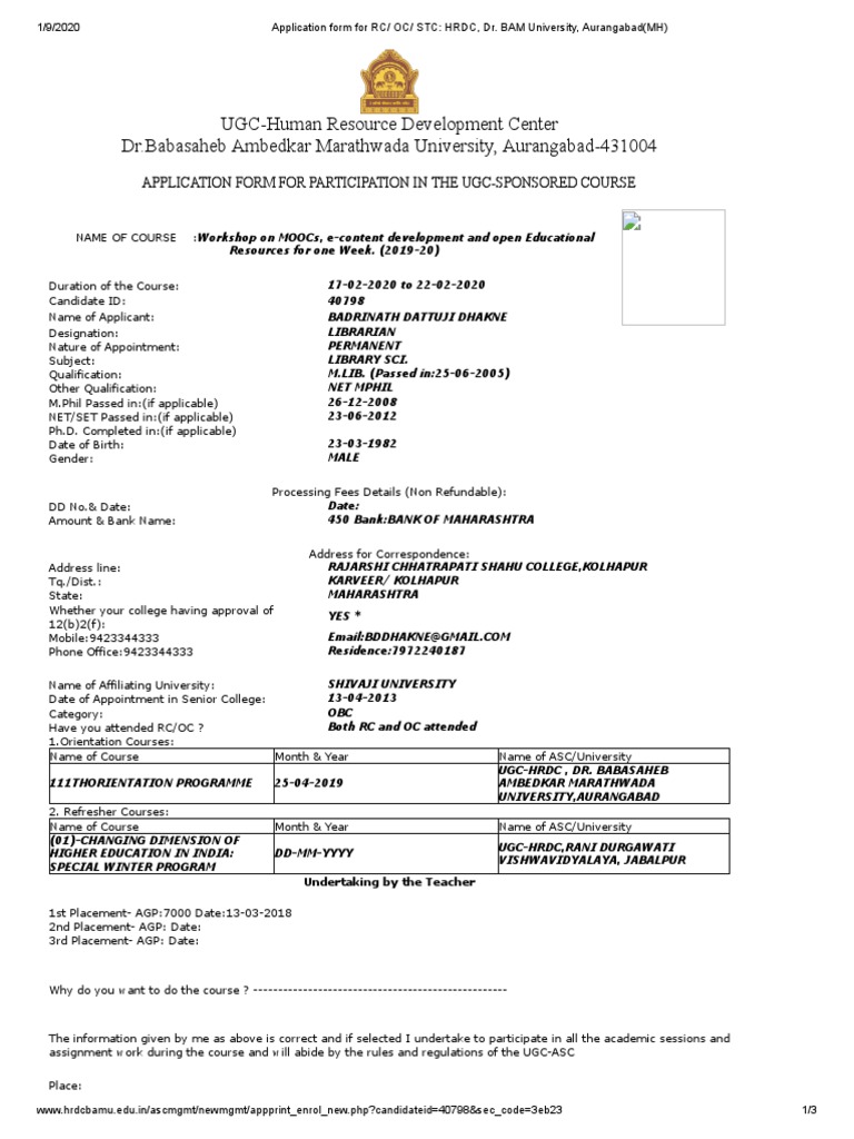 Application Form For MOOC Cource HRDC, Dr. BAM University, Aurangabad ...