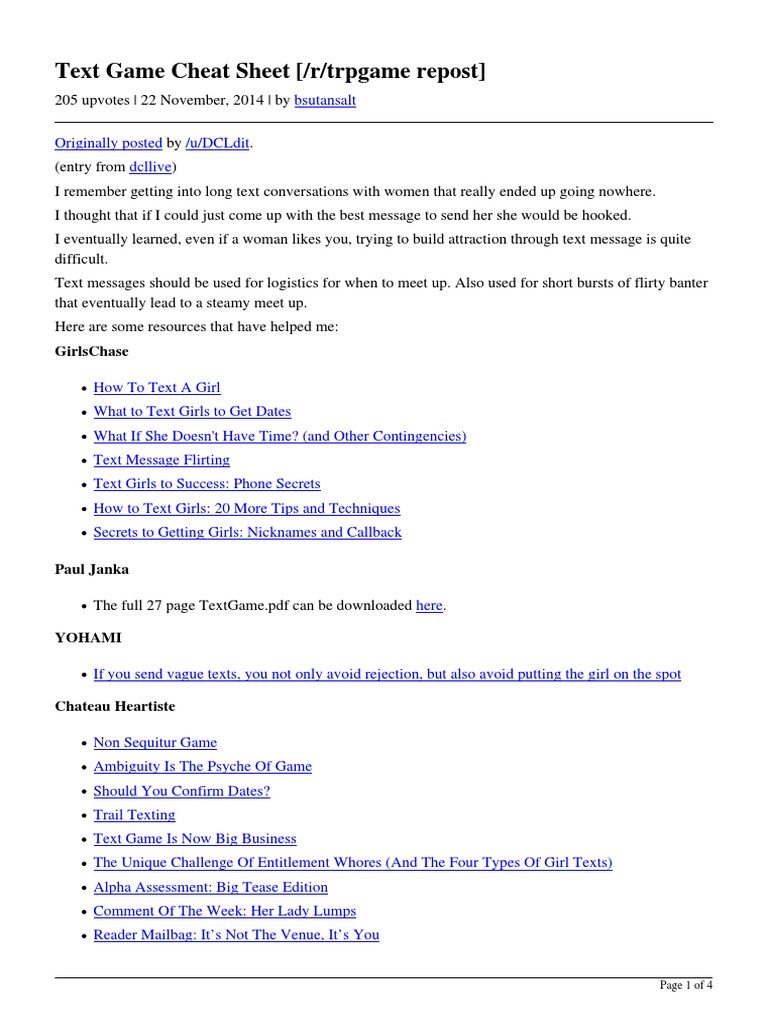 Text Game Cheat Sheet (Rtrpgame Repost) | PDF | Text Messaging