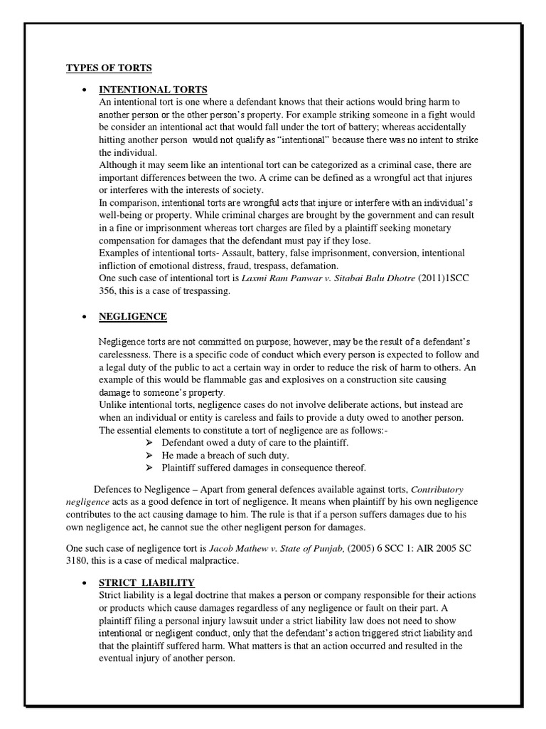 Types of Torts | PDF | Tort | Negligence