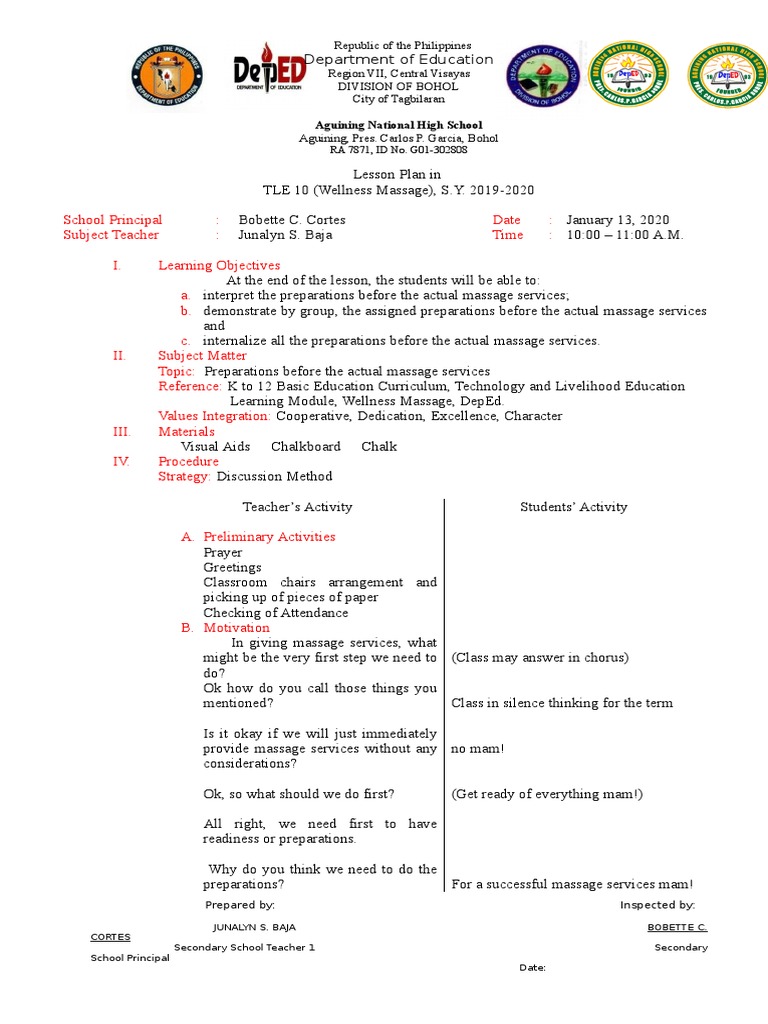 1st Week, Day 1 Lesson Plan Grade 10 Wellness Massage | PDF | Lesson ...