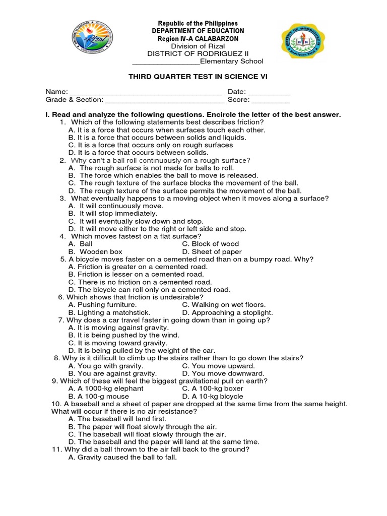 3rd Quarter Test in Science 6 | PDF | Machines | Gravity