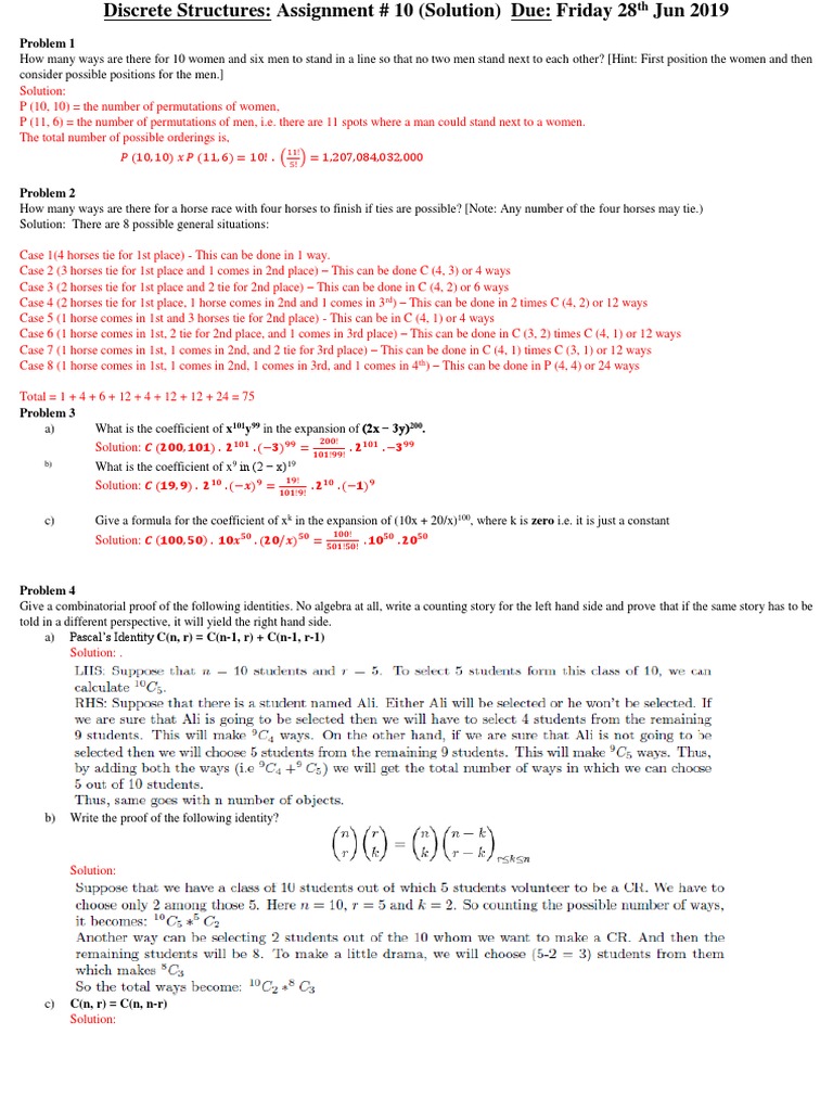 Assignment 10 S19 Counting2 Solution PDF | PDF | Equations | Algebra