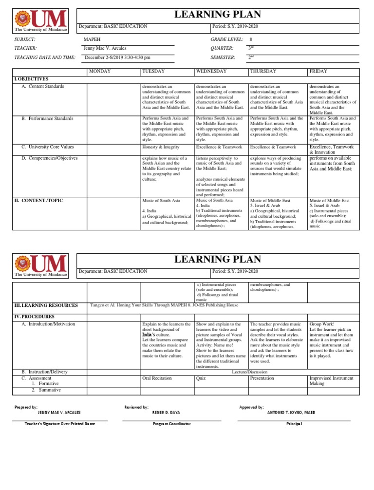 Learning Plan Grade 8-Q3 MUSIC | PDF | Musical Instruments | Pitch (Music)