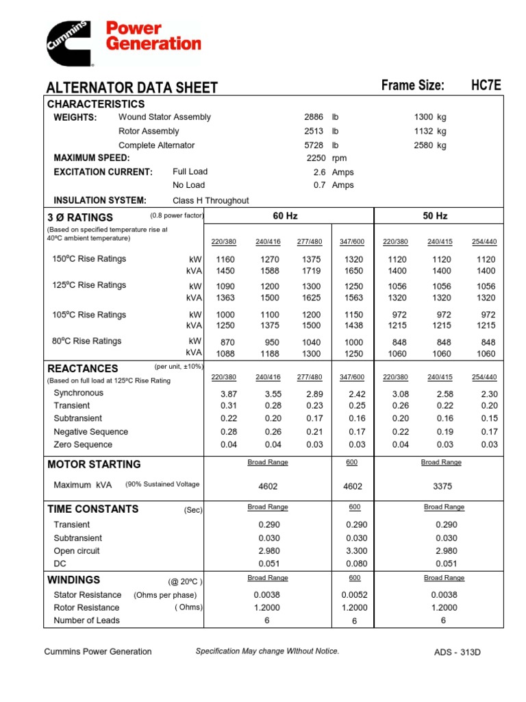 Alternator Data Sheet | PDF | Electrical Equipment | Electrical Engineering