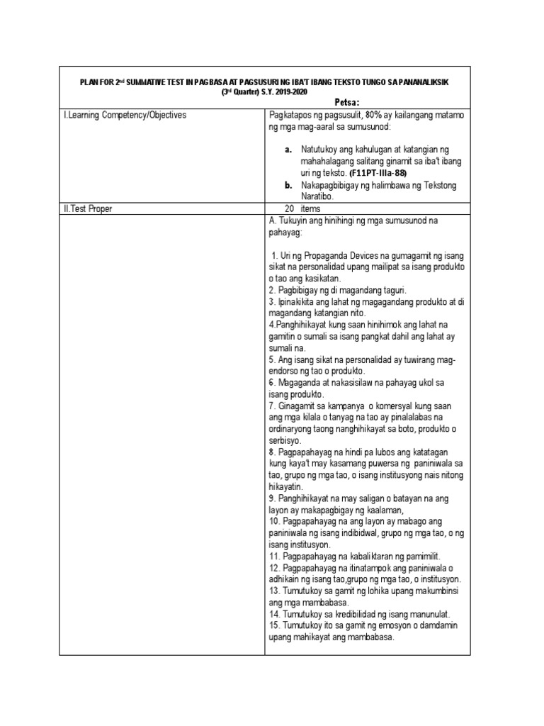 PLAN FOR 2nd SUMMATIVE TEST IN PAGBASA AT PAGSUSURI NG IBA | PDF