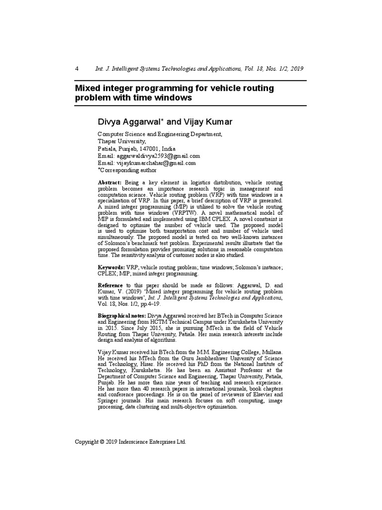 Mixed Integer Programming For Vehicle Routing Problem With Time Windows