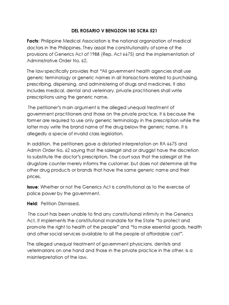 Del Rosario V Bengzon 180 Scra 521 | PDF | Generic Drug | Medical ...