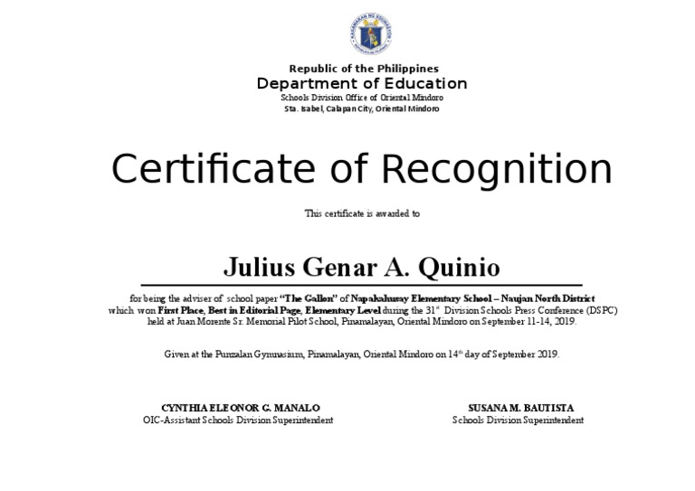 CERTIFICATE OF RECOGNITION DSPC 2019 SCHOOL PAPER ADVISERS - English ...